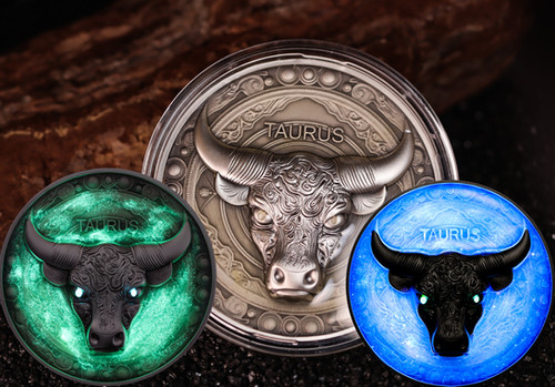 TAURUS - Zodiac Sign 5 oz .999 Silver Coin Glow in Dark - UV -Antiqued ...