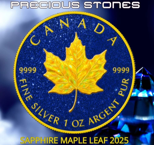 HOLO SAPPHIRE Precious Gemstones 1 Oz 999.9 Silver Coin 5$ Canada 2025 ...
