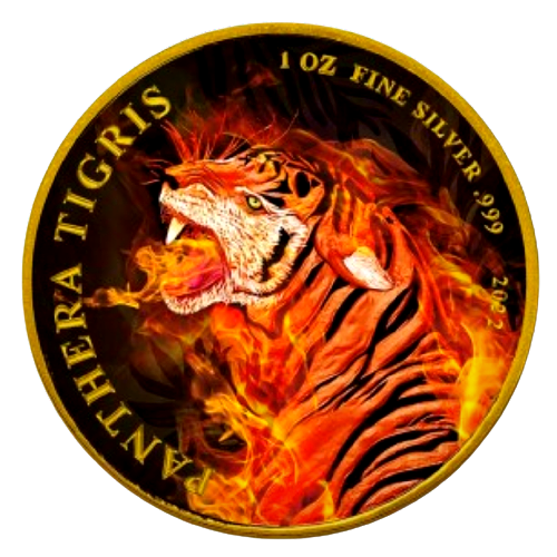 2022 1 oz Laos 500 KIP Burning Tiger Panthera Tigris Colorized Silver ...