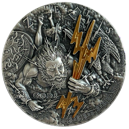 ZEUS GREEK GODS 2 oz .999 Silver Coin – Antique Finish 24K Gold Gilding ...