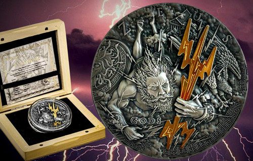 ZEUS GREEK GODS 2 oz .999 Silver Coin – Antique Finish 24K Gold Gilding ...