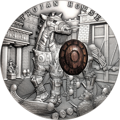 NIUE 2016 ANCIENT MYTHS: TROJAN HORSE 2 oz Pure Silver Coin with Wood ...
