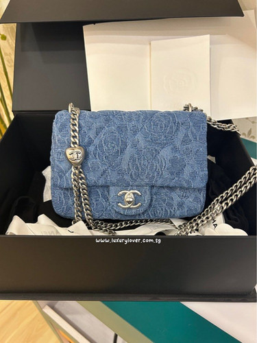 BNIB Chanel 23P Mini Flap Sweet Heart Blue Denim MSHW | LuxuryLover