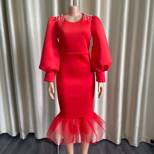 Nice red dresses with a long sleeve . | GISHAI STORE