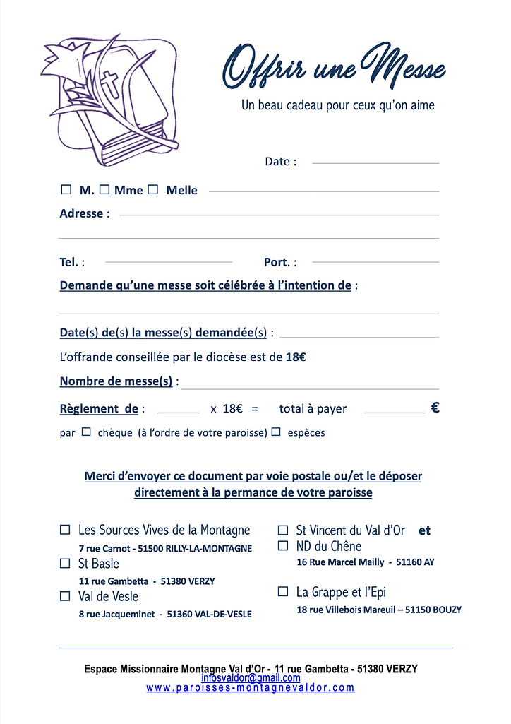 Intentions de Messe | Espace Missionnaire Montagne Val d'Or | Diocèse REIMS