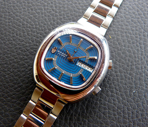 SANDOZ NOS 70's Alarm automatic watch 41mm oversized case RARE!! Blue ...