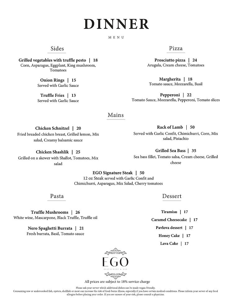 Menu | EGO Restaurant & Bar | Thornhill