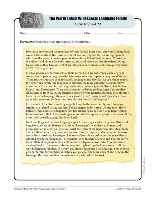 MOST WIDESPREAD LANGUAGE FAMILY: INDO-EUROPEAN—Language Worksheets ...