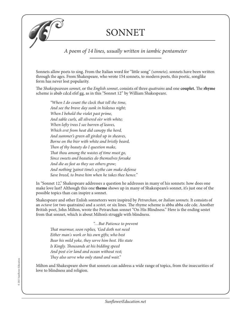 Simple Sonnet Examples By Students Hresapals