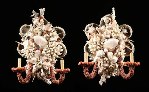 1950s BAROQUE GROTTO STYLE SEASHELL AND RED CARNELIAN ENCRUSTED SCONCES ...