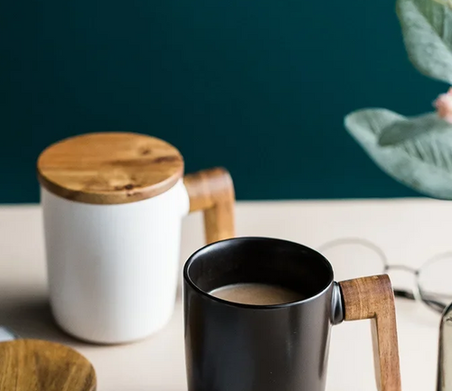 Modern Ceramic Coffee Mug with Wooden Handle | Terrarium