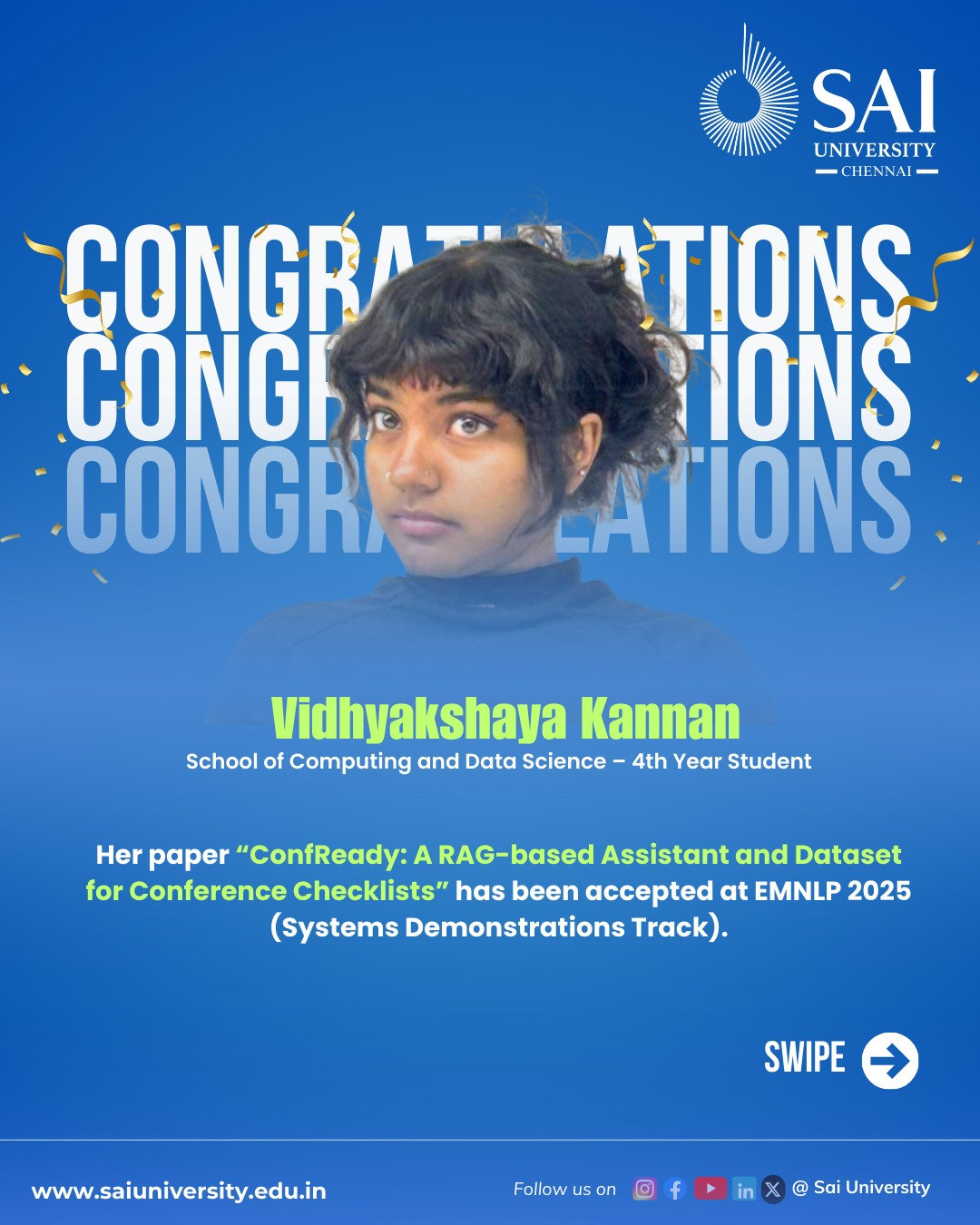 Sai University Student Vidhyakshaya Kannan’s Paper Accepted at EMNLP 2025