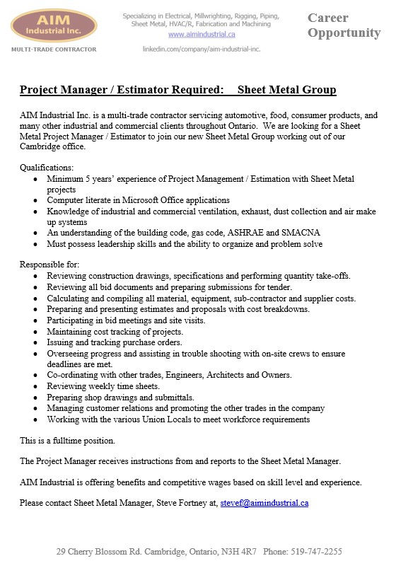 Job Posting Project Manager -Estimator for our Sheet Metal Group! AIM ...