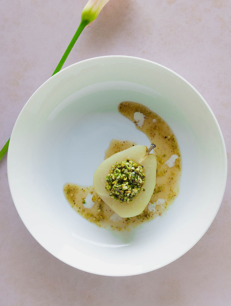 Pistachio Stuffed Poached Pears
