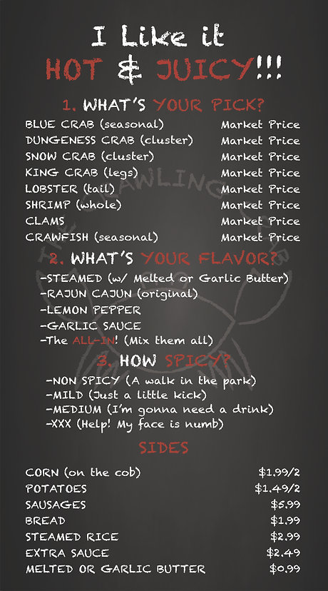 Menu | Denver, CO | The Crawling Crab