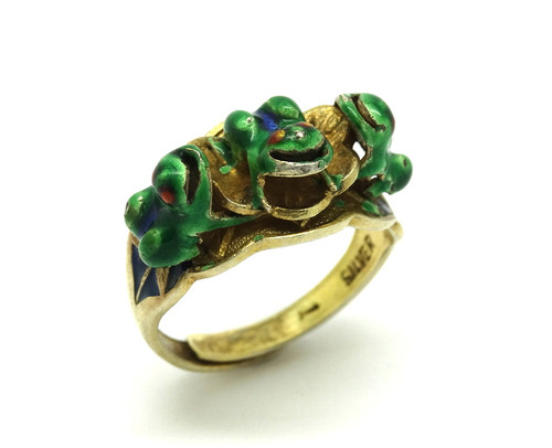 Rare Vintage Chinese Enamel FROG Gilt Silver Ring | ap-metals