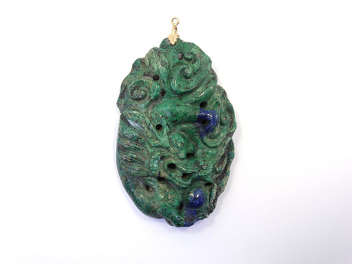 Large Vintage Carved Green Blue AZURITE DRAGON 14k Gold Pendant | ap-metals