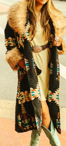Black Aztec Fur Western Long Coat | Cowgirl Chicks