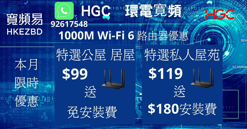 HGC 12月優惠1000M 升級Wifi 6 Router 只需$99