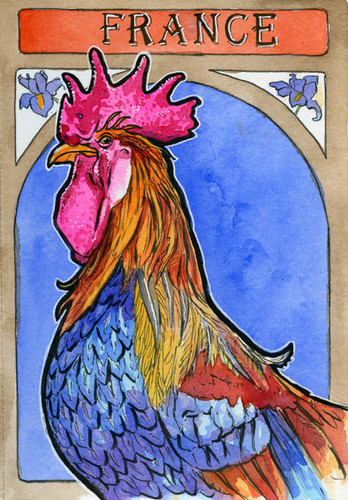 France's Gallic Rooster Ink & Watercolor Painting | SSavaArt