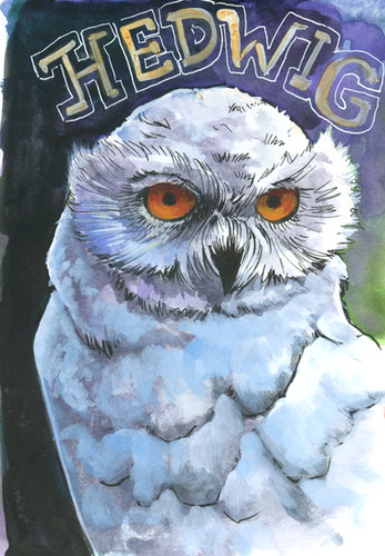Hedwig the Owl from Harry Potter Ink & Watercolor Painting | SSavaArt