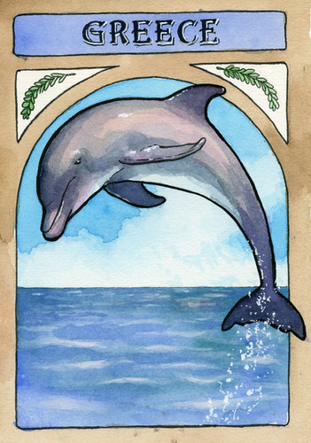 Greece's Dolphin Ink & Watercolor Painting | SSavaArt