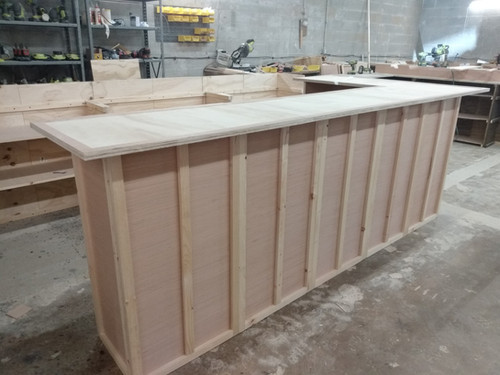 10 foot 'L' shaped bar with single level bar top and included shelving ...