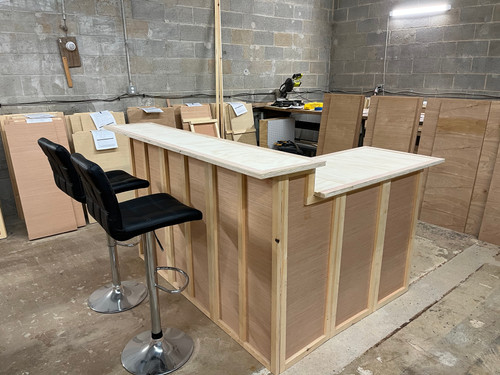 8 foot 'L' shaped home bar with 2 level countertop, shelving and ...
