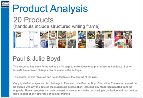 Product Analysis: 20 Products (with structured writing frame) D&T Boyd ...