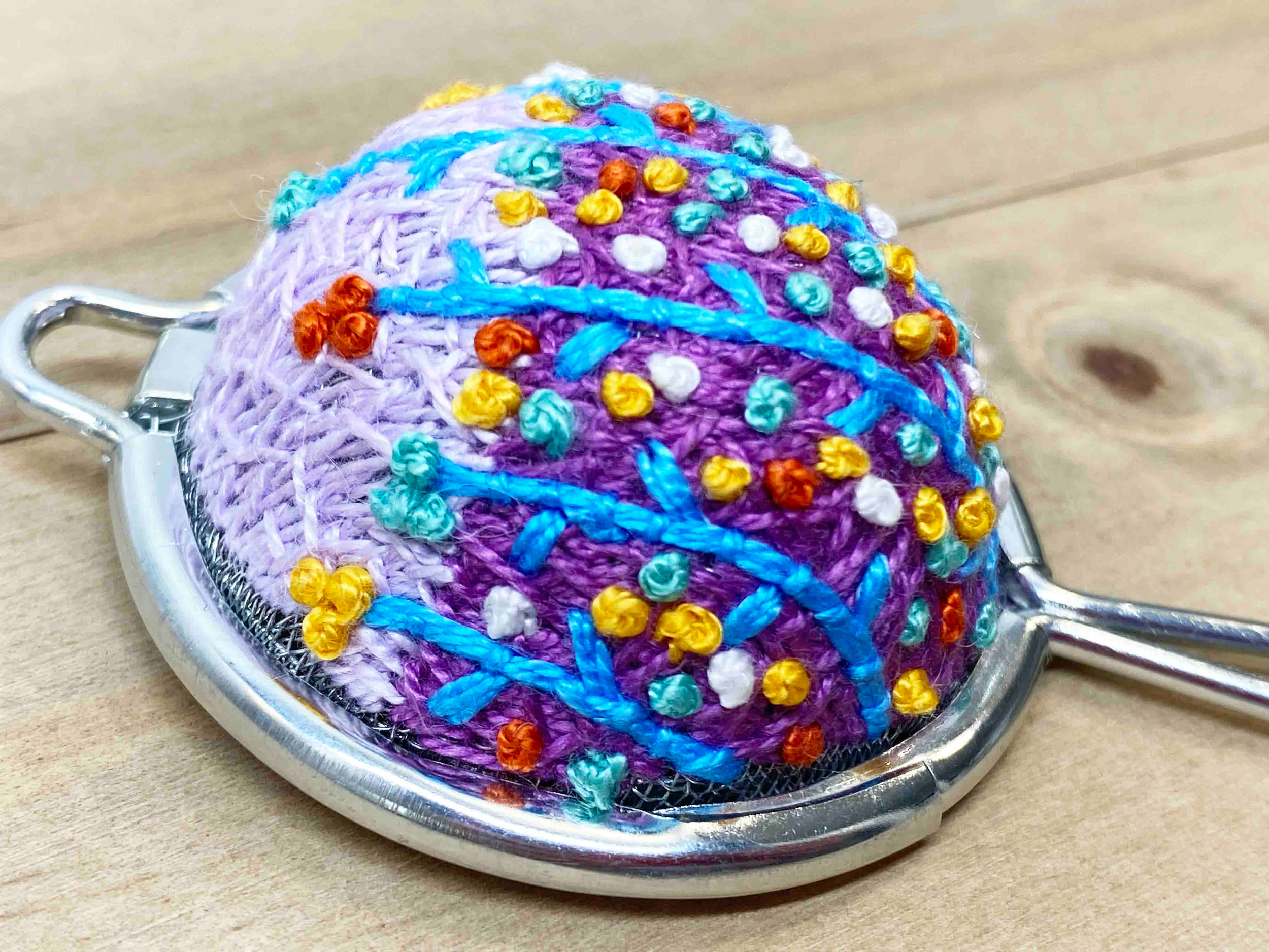 Hand embroidered Mini Tea Strainer in Shadow Box Frame - Purple Meadow ...