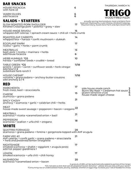 Menu | Trigo Wood Fired Piz