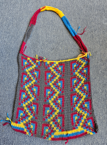 Unique Hand Crafted Bilum Bag - Grey with Blue, Yellow & Red Pattern ...