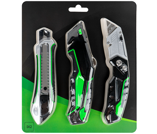 3pc Utility Knife Box Cutters Pack. 1 Folding and 2 Retractable Knives