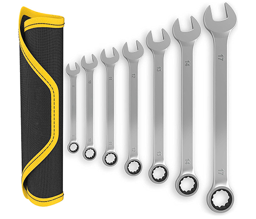 7pc 8 - 17mm Ratcheting Ring Combination Wrench Set in a Roll-Up Pouch