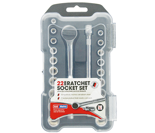 22pc 1/4" Drive SAE & Metric Socket Set including Ratcheting Wrench Handle and Extension Bar