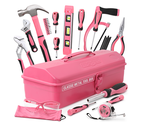 33pc Pink Home DIY Hand Tool Kit Set in a Metal Barn Style Tool Box ...