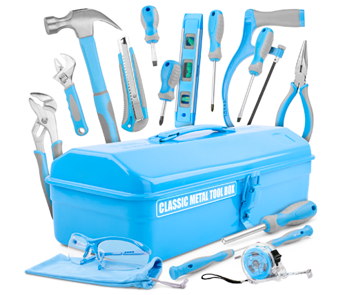 33pc Blue Kids Tool Kit Set & Metal Tool Box Case