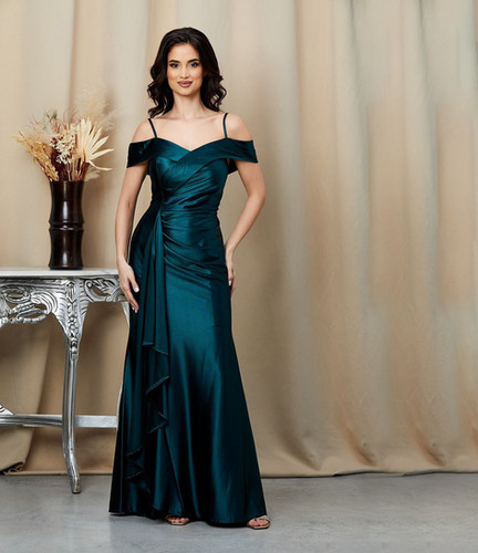 Off-shoulder sleeve ruched satin fishtail side split formal dress ...