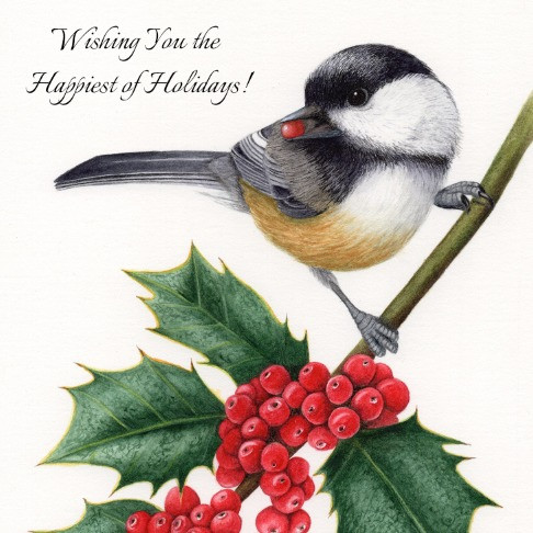 5 card set - Happy Holidays Chickadee Cards | Nora Sherwood Art