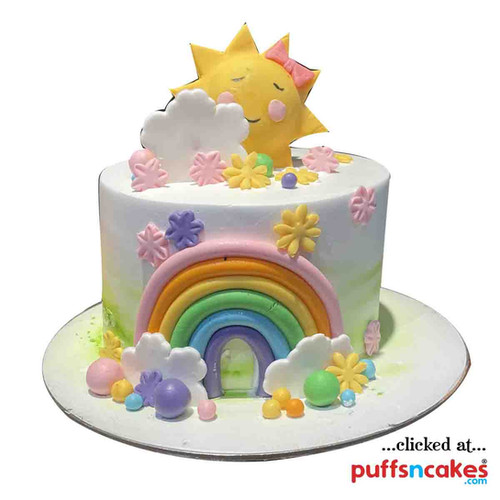(1809) Sun Rainbow Clouds Theme Semi Fondant Cake | puffsncakes.com ...