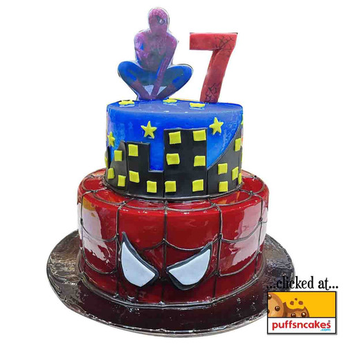 (1208) Spider Man Two Tier Theme Cake | puffsncakes.com | 3720/-