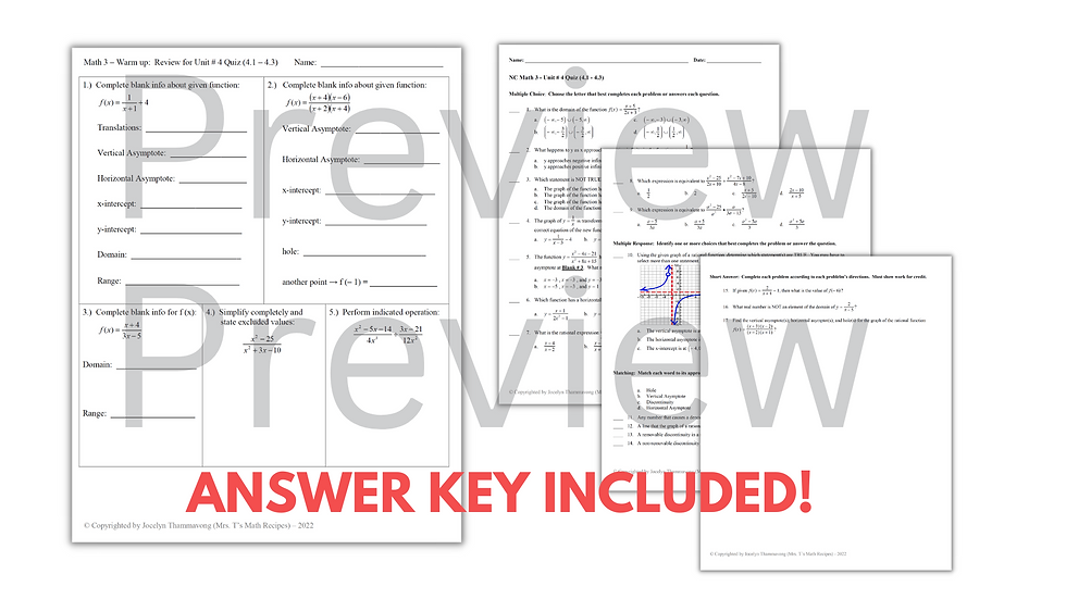NC Math 3 - Quiz with Warm-up Reviews | Mrs T's Math Recipes