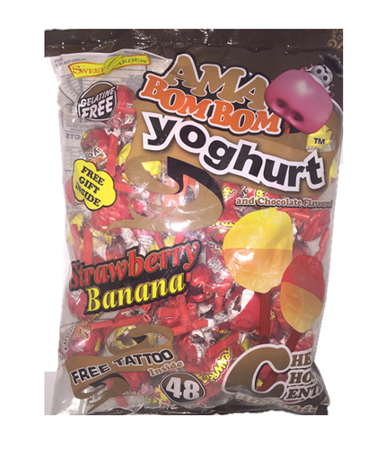 AMA BOM BOM LOLLIPOPS CHOCOLATE YOGHURT STRAWB/BAN | AMA BOM BOM SWEETS