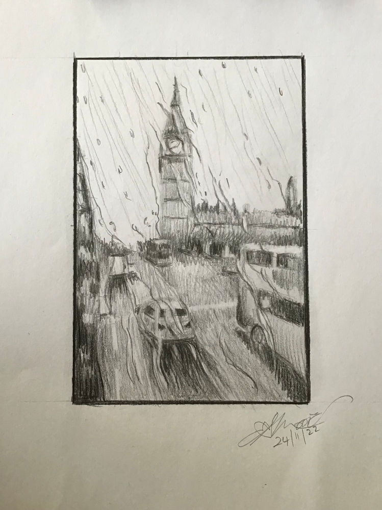 Graphite tonal sketch - rainy day in London | Art with Tricia