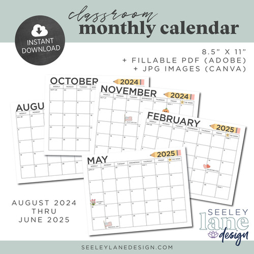 Printable, Editable Monthly Classroom Calendar | seeley LANE Design