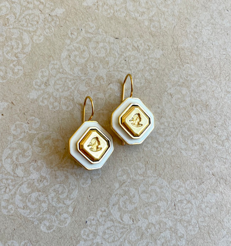 Gold Plate Intaglio with White Enamel Earrings | Extasia Jewelry