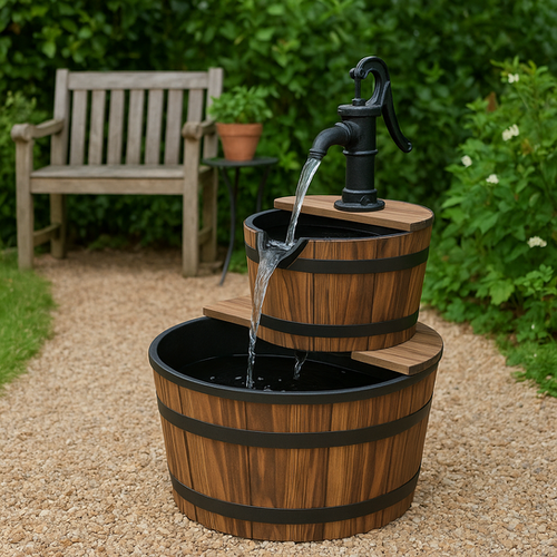 Solar Powered Wooden Barrel Water Feature | SOLAR GARDEN LIGHTS