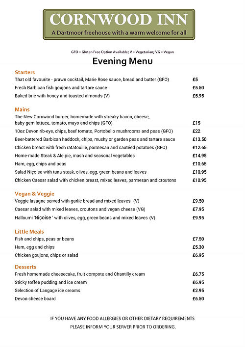 Dartmoor Village Pub | Cornwood Inn | Menu