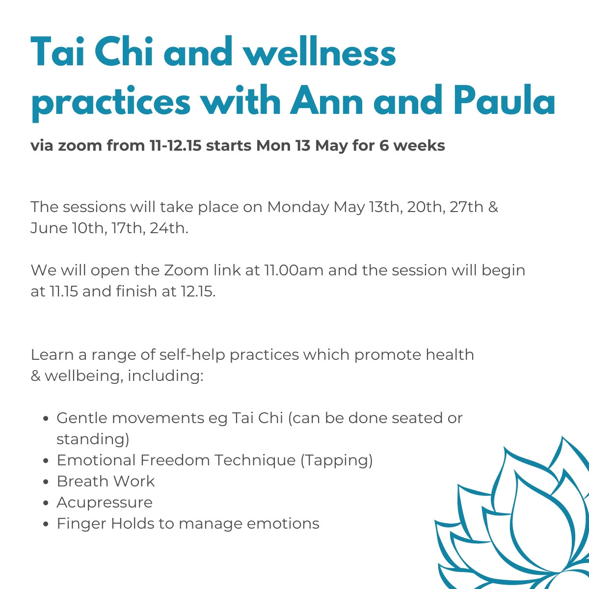 Tai Chi and Wellness Practices with Ann and Paula via Zoom