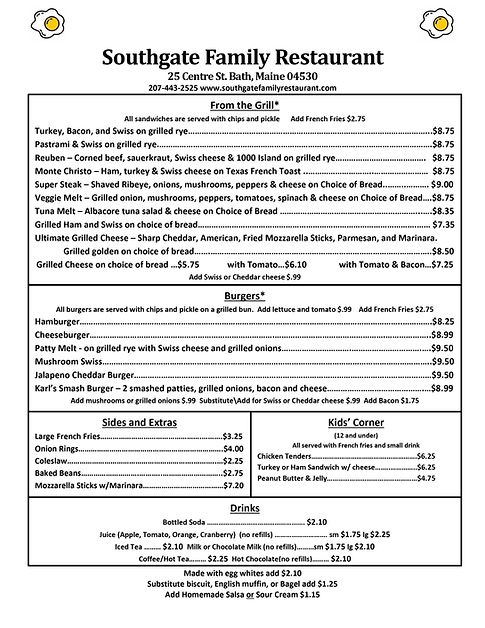 Menu | Southgate Family Restaurant